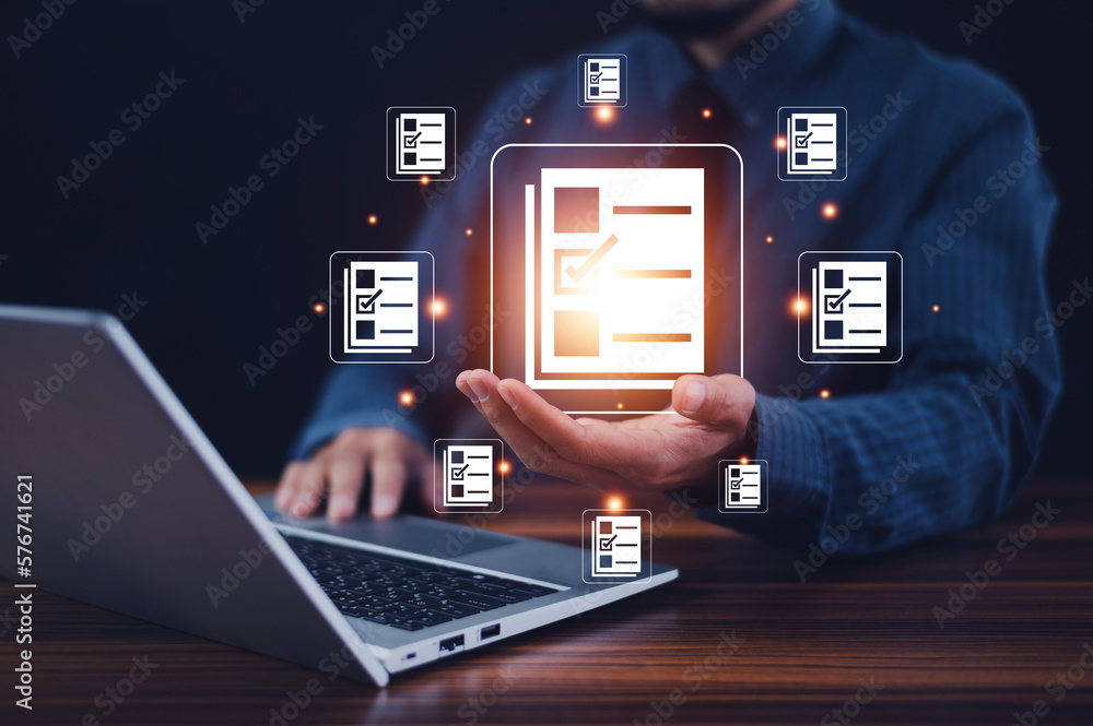 Documents management information system concept, Businessman using ...