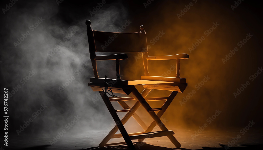 The director's chair stands in a beam of light with an orange backlight ...