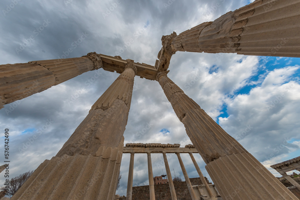 Acropolis of Pergamon with different angles, on a cloudy day columns of ...