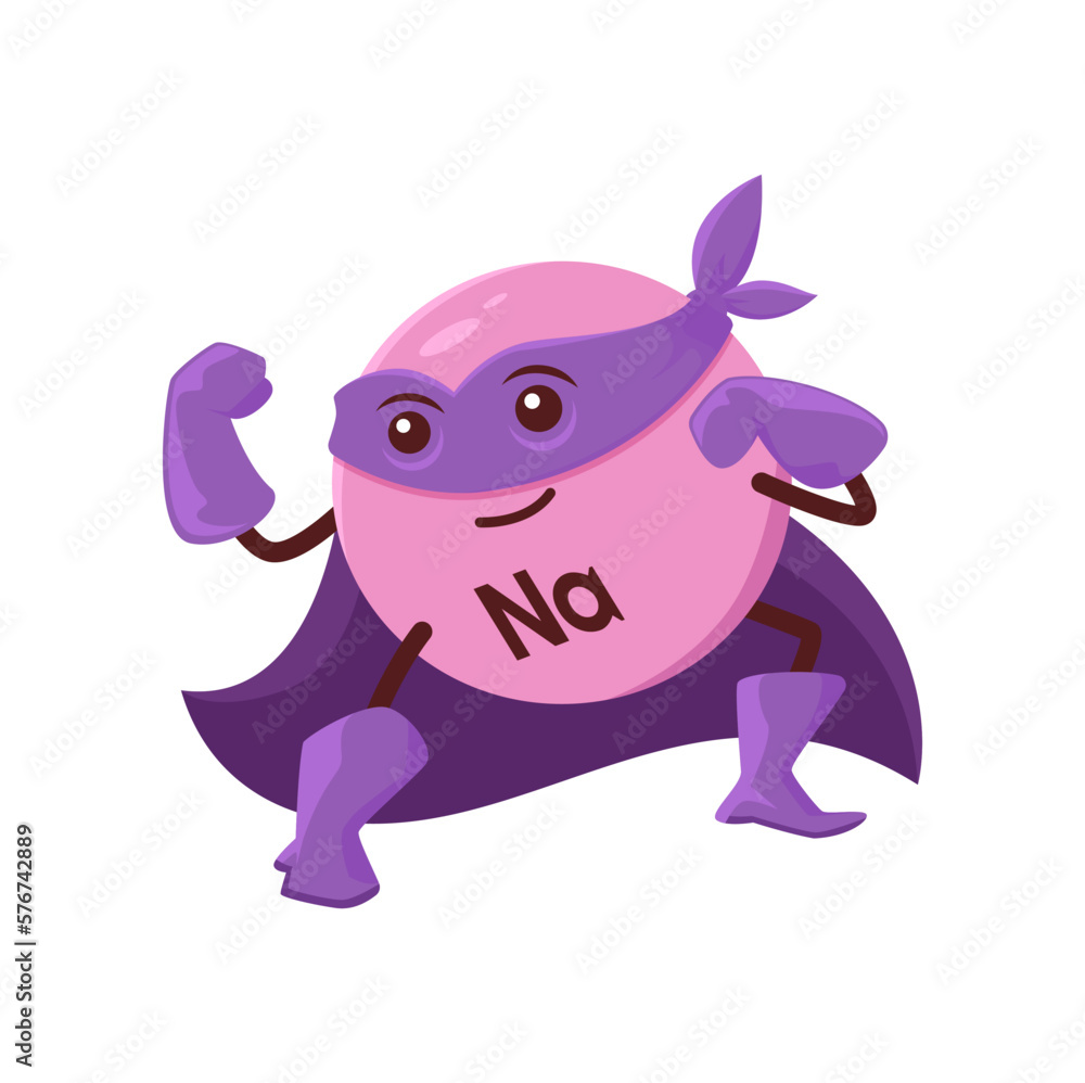 Cartoon sodium or natrium superhero micronutrient character. Comic ...