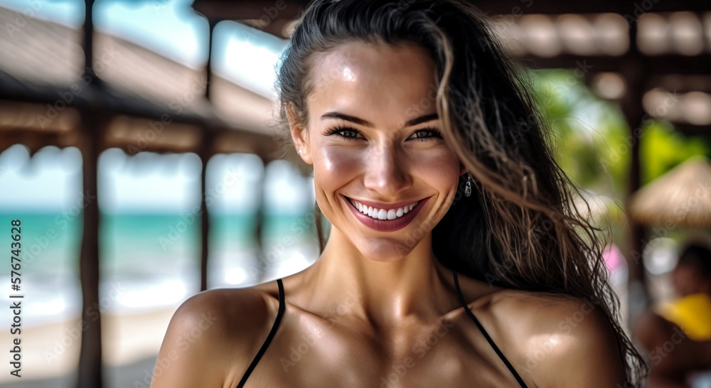 Beautiful Attractive Slim Woman In Bikini On The Beach Of The Hotel
