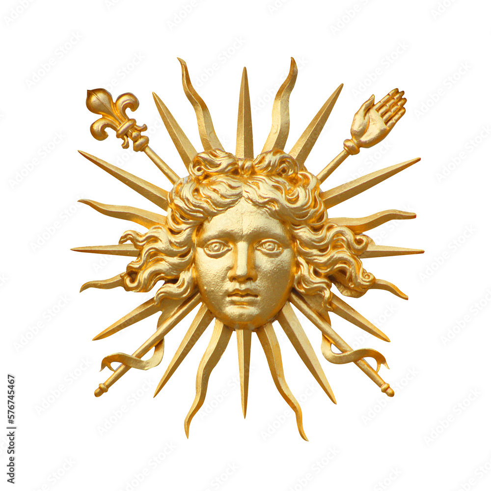 "Sun King" emblem on a gate of the castle of Versailles in France ...