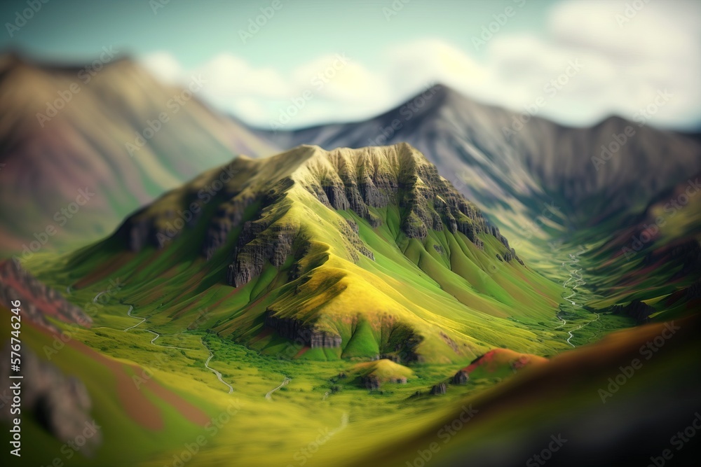 Generative AI, Mountains spring green landscape, houses, trees, road ...