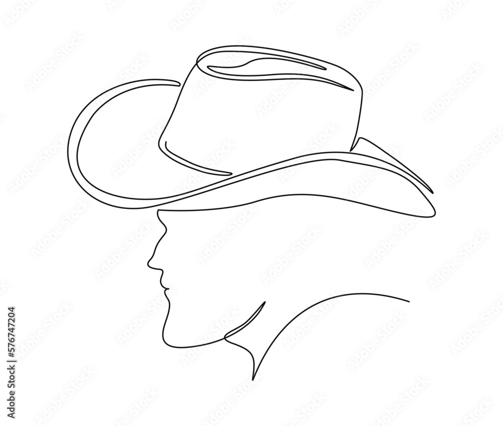 Continuous one line drawing of man wearing cowboy hat. Simple cowboy ...