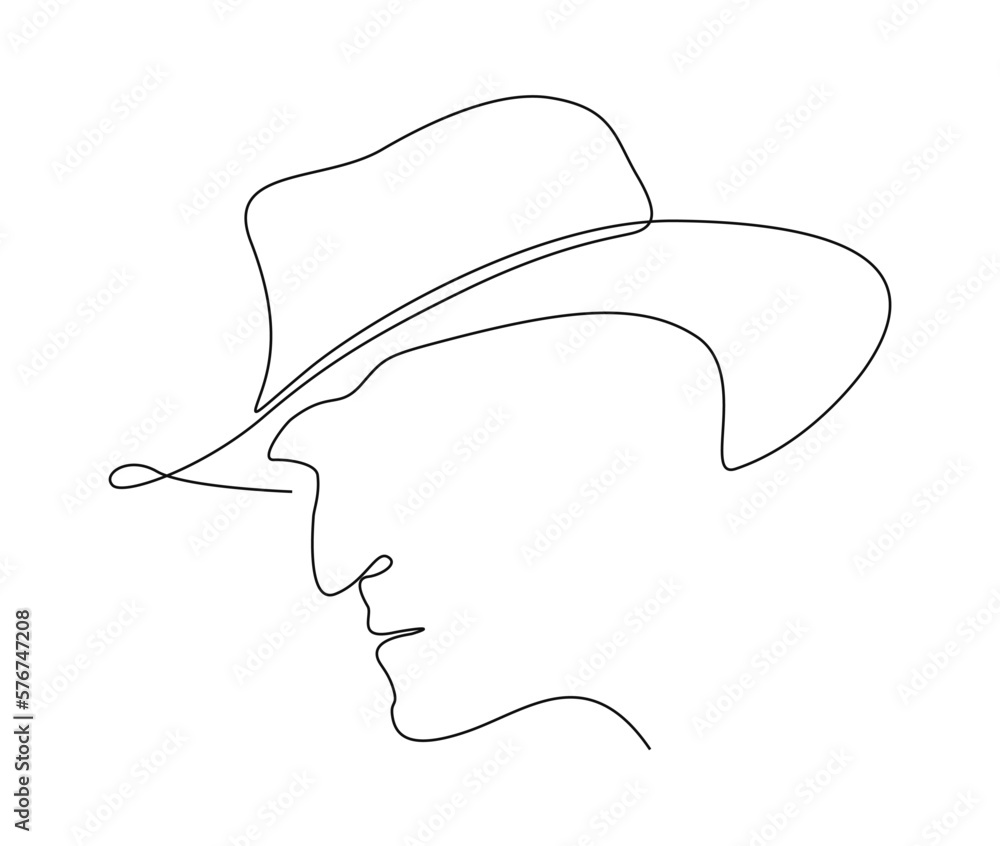 Continuous one line drawing of man wearing cowboy hat. Simple cowboy ...
