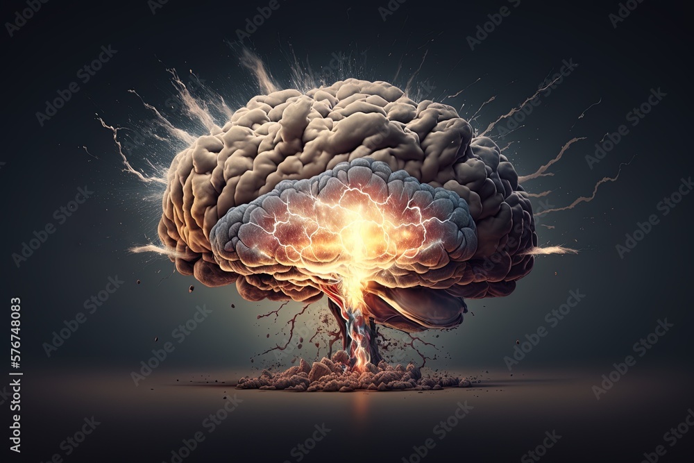 Concept art of a human brain exploding with knowledge and creativity ...