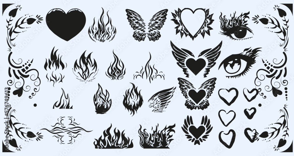 Heart with a flame. Y2k gothic flame tattoo stickers black and white ...