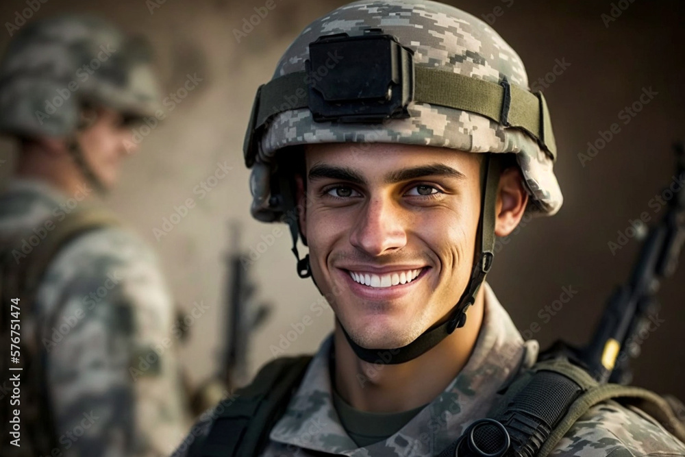 young adult man is soldier in soldier uniform and helmet, fictional ...