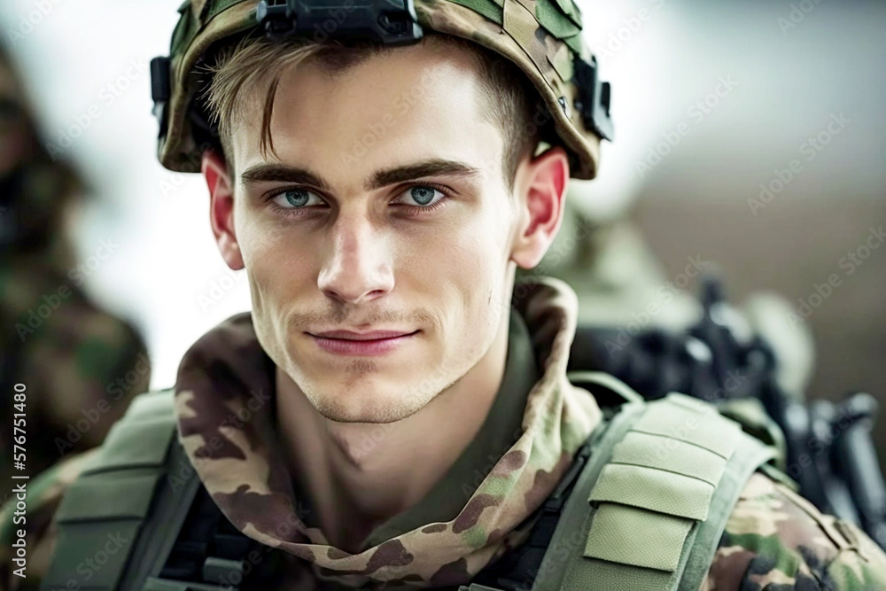 young adult man is soldier in soldier uniform and helmet, fictional ...