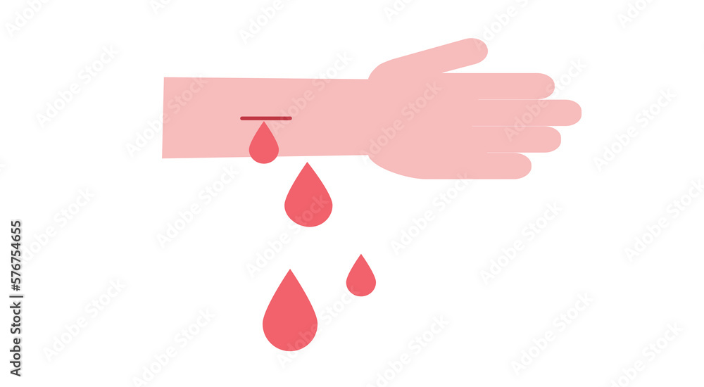 blood loss and blood drop from cut hand. Cut in hand with sharps and ...