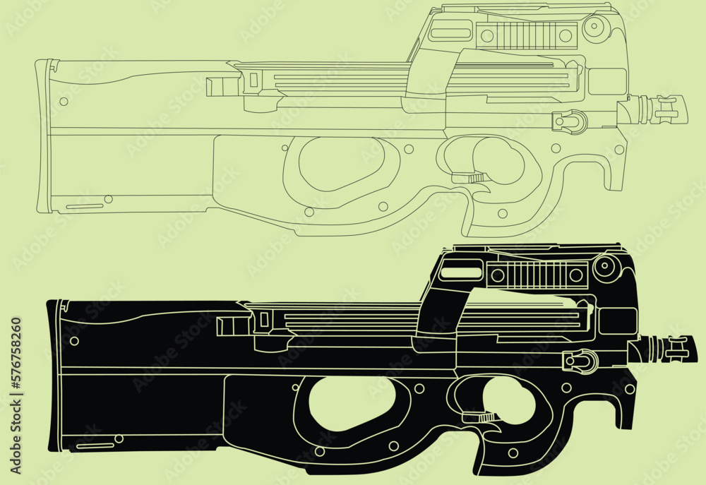 FN P90 vector illustration with outline and silhouette. Stock Vector ...