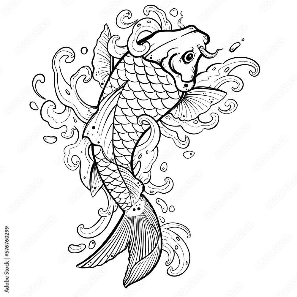 Koi fish tattoo with water splash Asian or Japanese style. Illustration ...