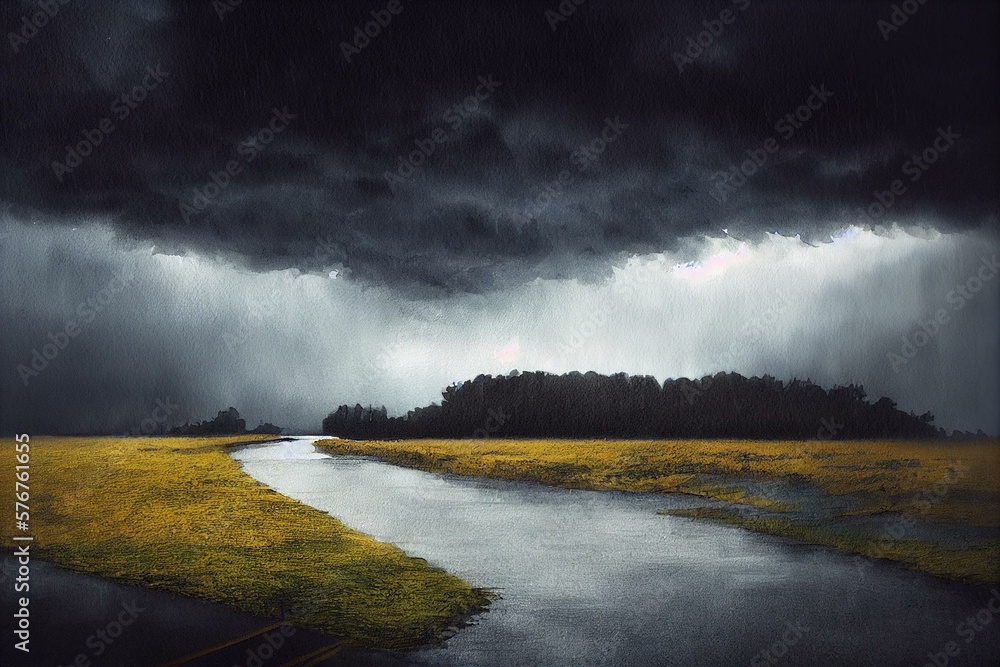 Watercolor rainy day cloudscape, dark rain clouds Generative AI painted ...