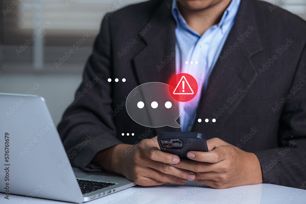 Businessman using smartphone with new message electronic email hacking ...