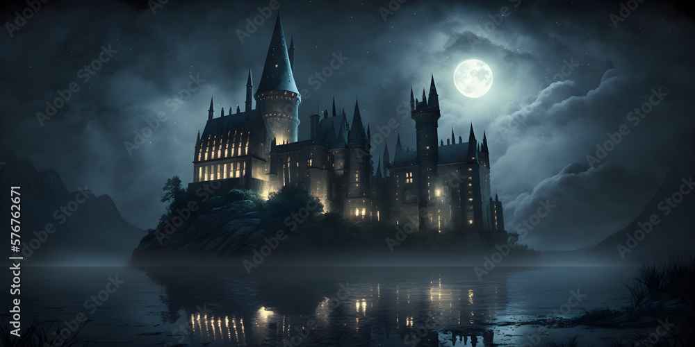 Mysterious castle lit by moonlight. Generative AI illustration Stock ...