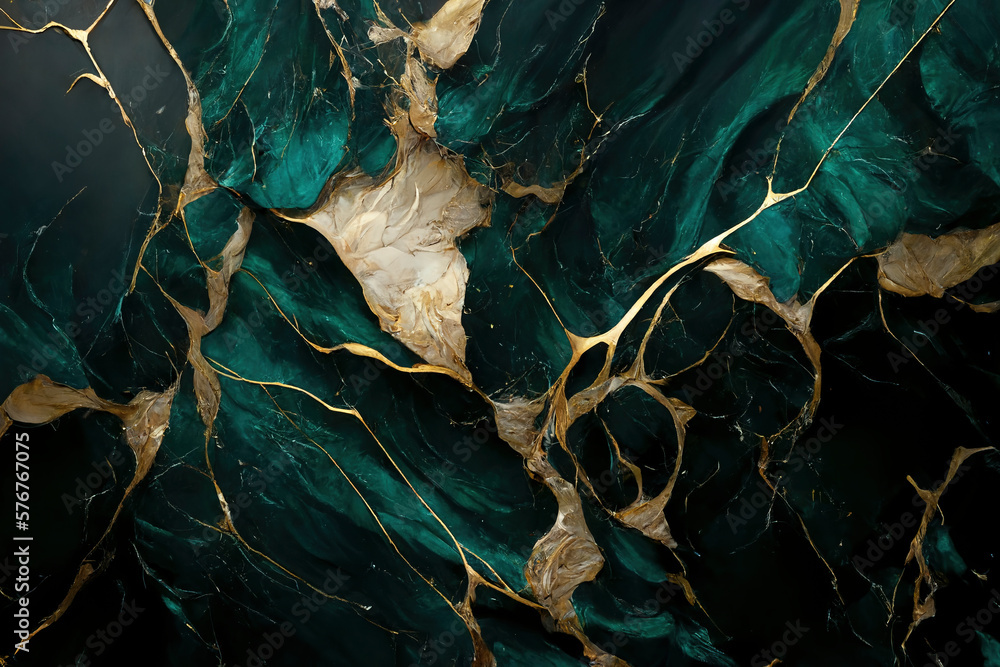 marble background of emerald green color with gold trim or gold threads ...