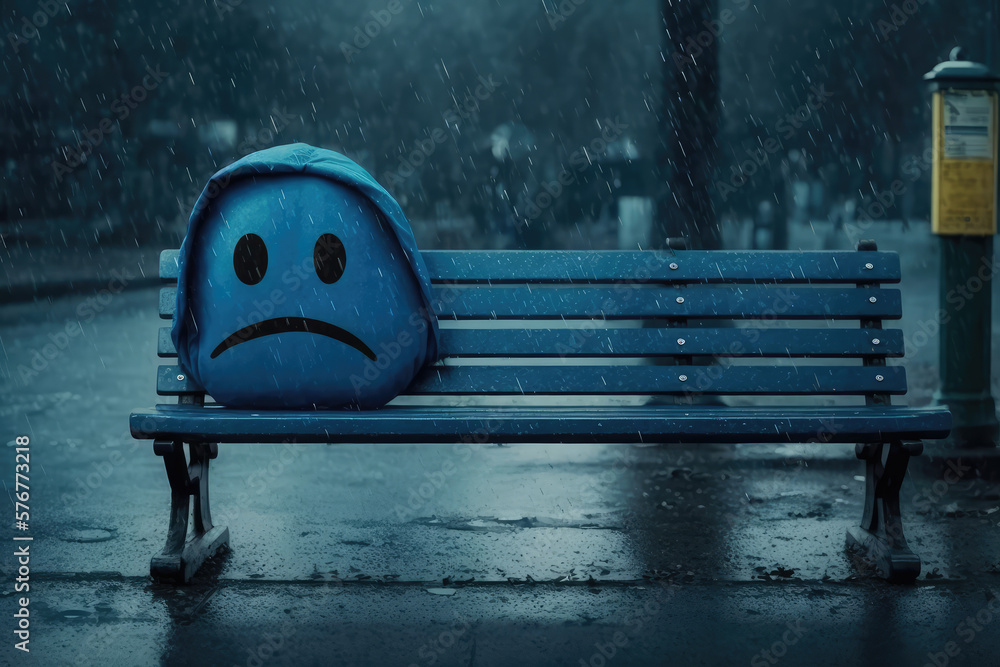 Depression emoji concept, the most sad, rainy and depressing day. Blue ...