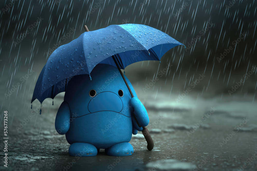 A plush sad toy creature under a blue umbrella. Depression concept, the ...