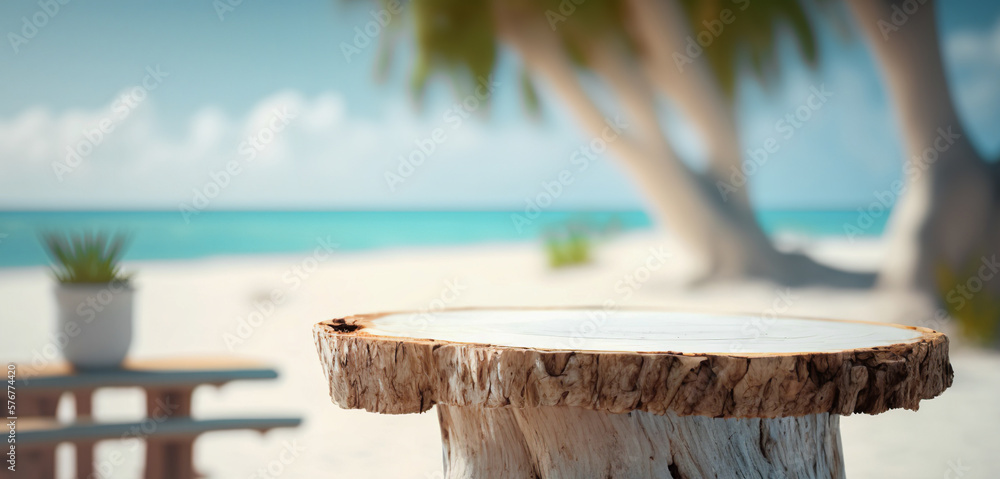 Sective focus.White rustic wood table top with blur sea or beach and ...