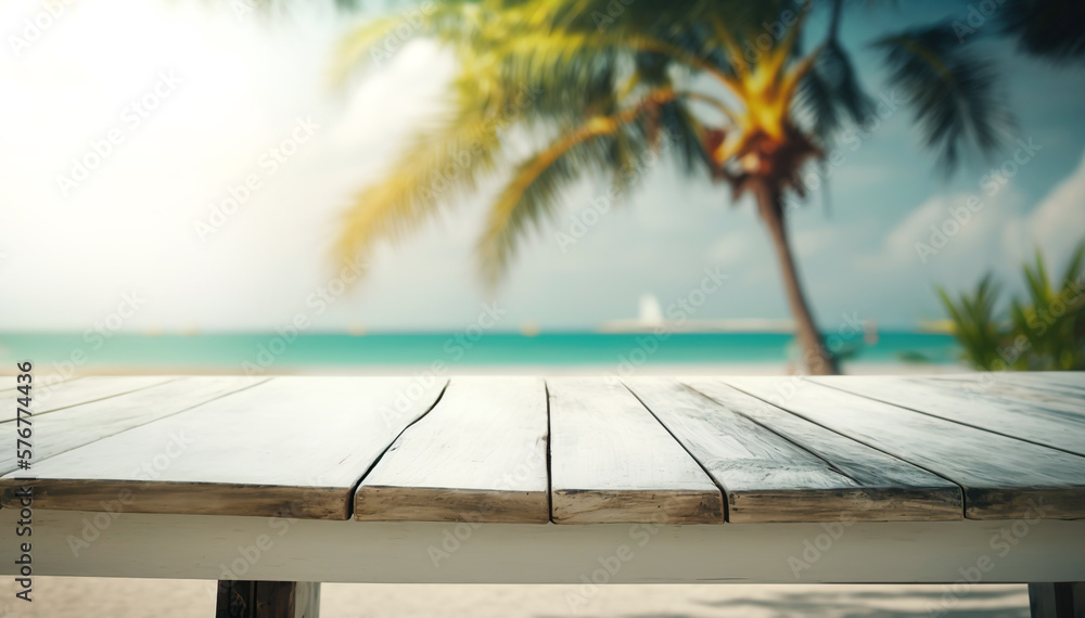 Sective focus.White rustic wood table top with blur sea or beach and ...