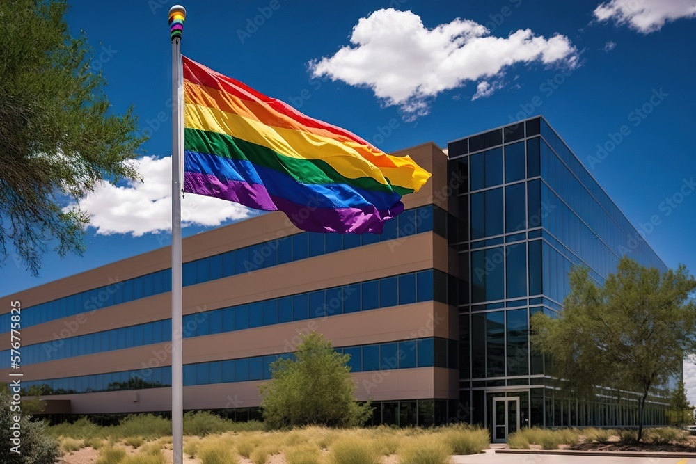 Rainbow Pride flag in front of the corporate headquarters office Stock ...