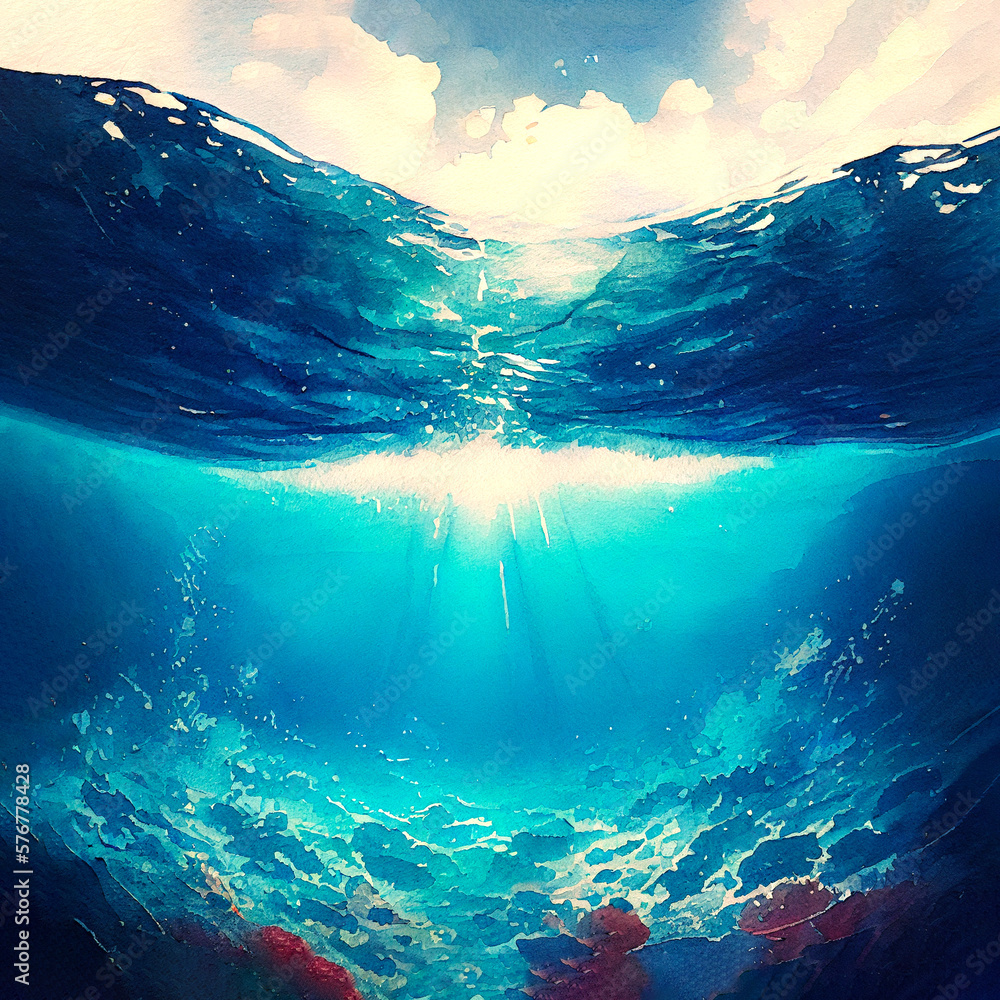 watercolor ocean water surface and underwater, ai generation Stock ...