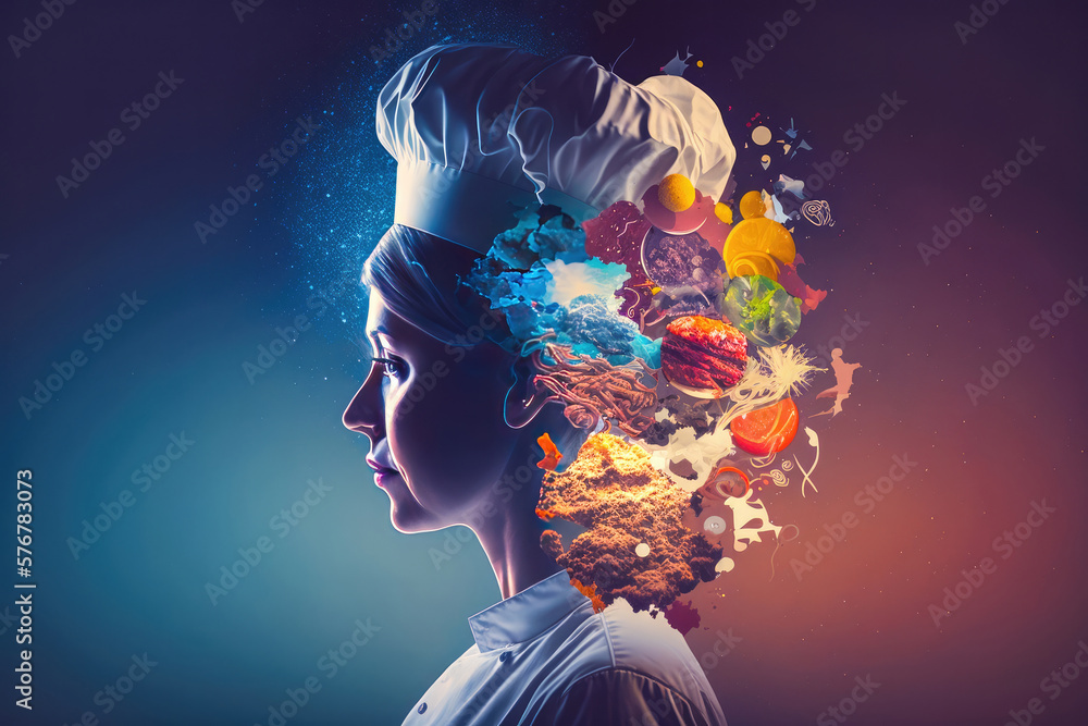 ภาพประกอบสต็อก Chef thinking about different types of food, double ...