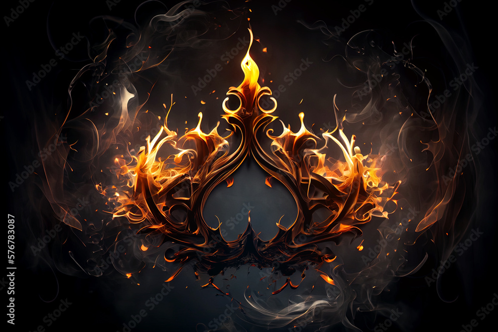 Beautiful burning crown made of fire and smoke on black background. Digitally generated AI image ...