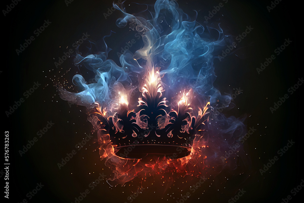 Beautiful burning crown made of fire and smoke on black background ...