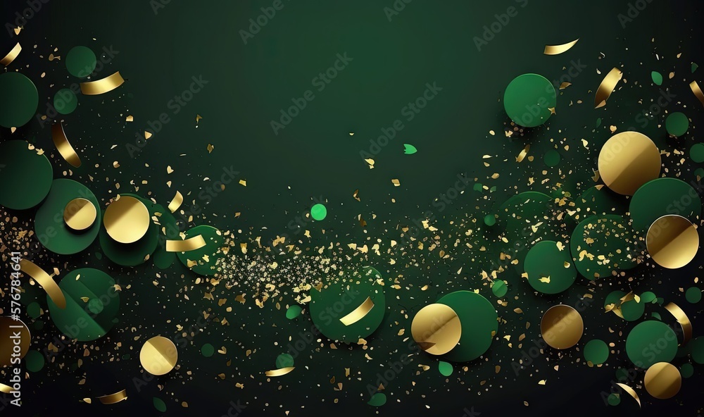 a green and gold background with confetti and streamers of gold confetti on a dark green ...