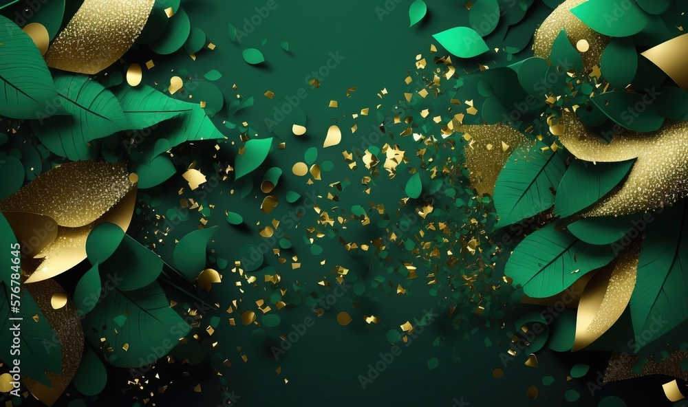 A Green And Gold Background With Leaves And Confetti On The Edges Of The Image Is A Green And