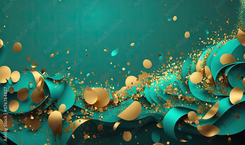 a blue and gold background with gold confetti and streamers of confetti on a teal green ...