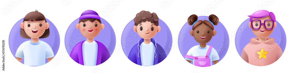 3D kid avatar set, child face icon, vector young school teen boy girl ...