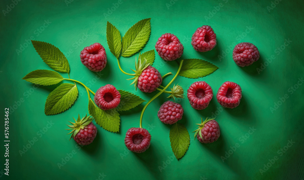 raspberries and leaves on a green background with a red frame around ...