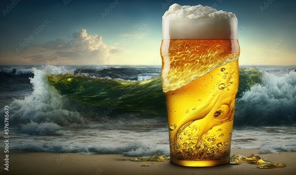 a glass of beer sitting on top of a beach next to a wave and a wave crashing into the ocean with ...