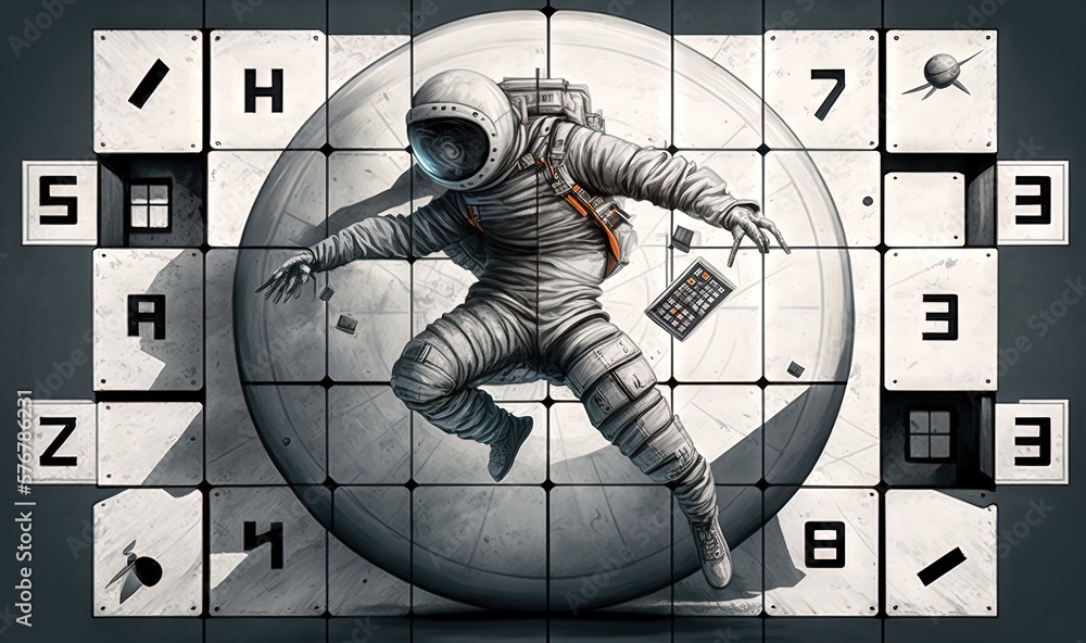 a drawing of a man in an astronaut suit on a cubed background with ...