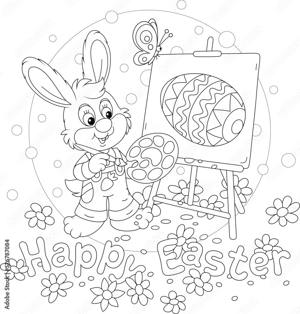 Easter card with a happy little bunny drawing a decorated gift egg with ...