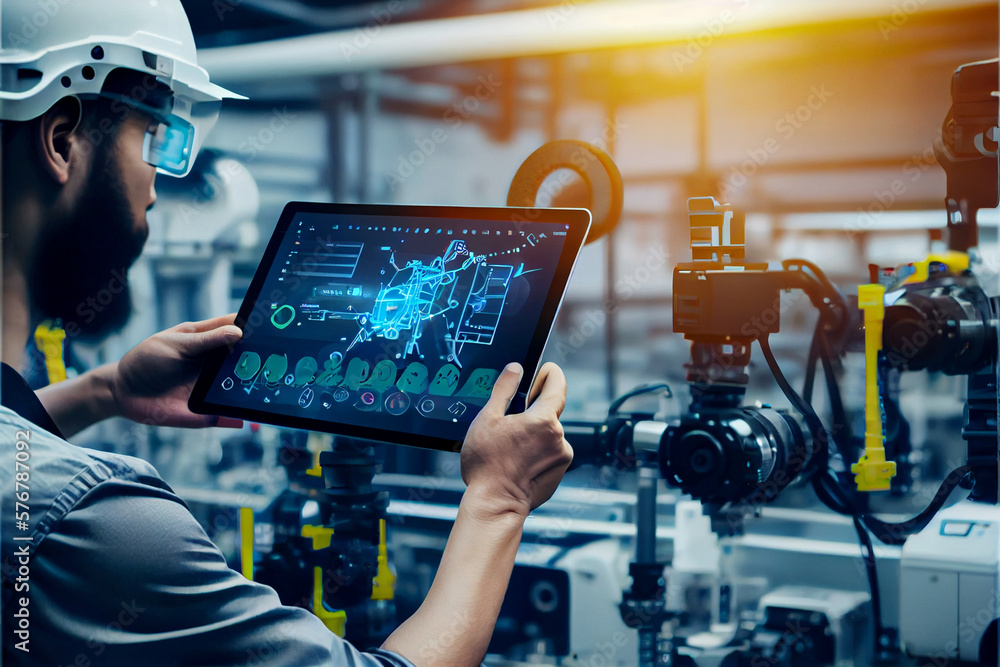 Smart factory Process Automation engineer using laptop for smart factory automation software ...