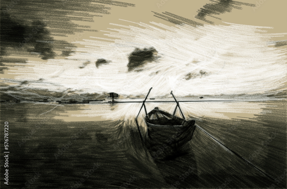 Charcoal abstract drawing of boat in river, Black and White Acrylic ...