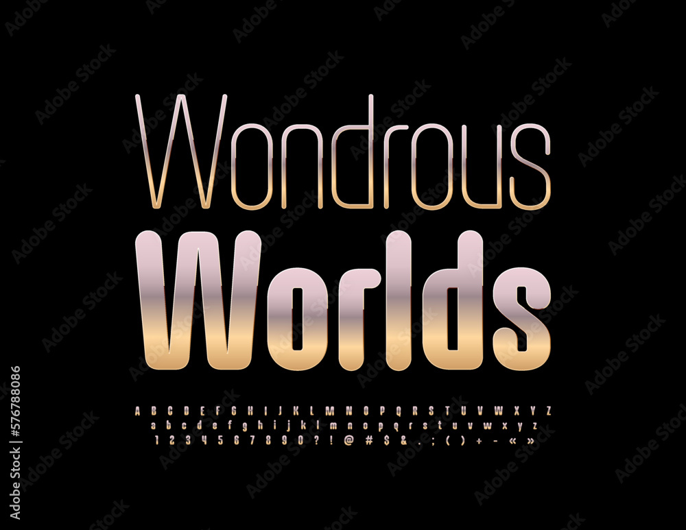 Vector chic emblem Wondrous World. Metallic shiny Font. Set of elite ...