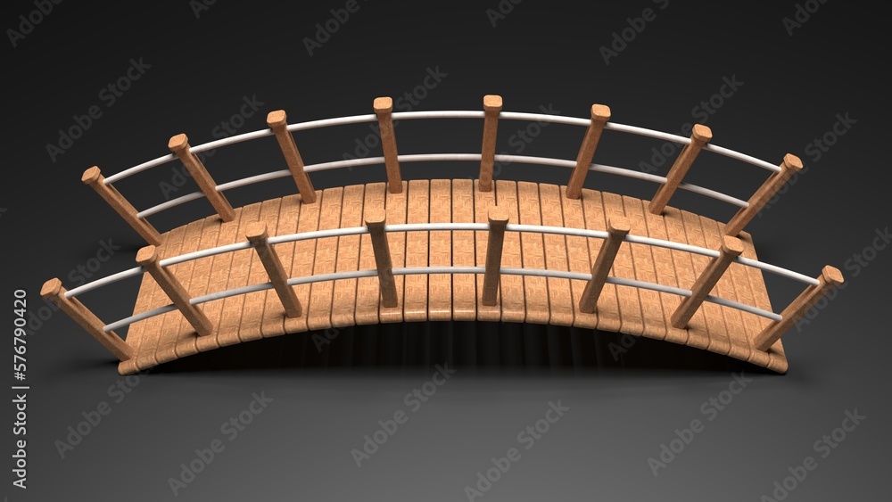 Wooden footbridge white railings isolated on black background. 3d ...