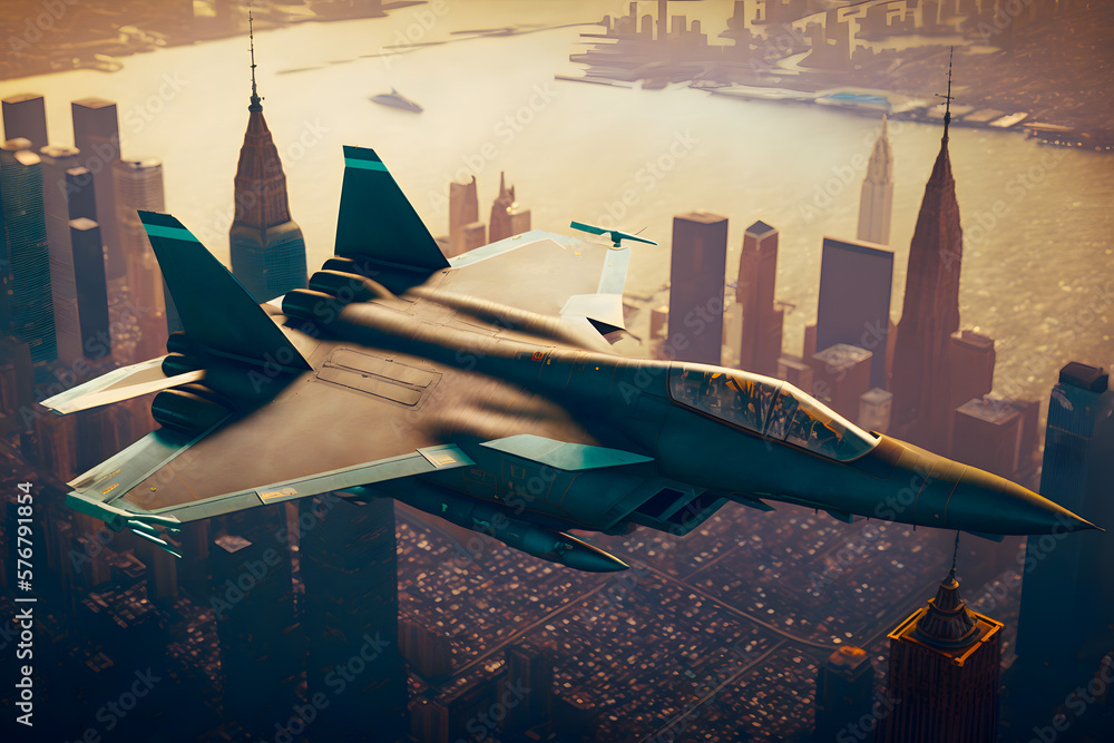 Military modern fighter jet patrols the territory, flying over aerial ...