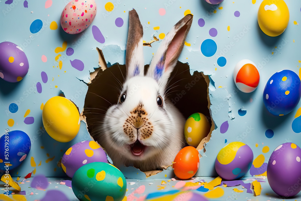 Funny Rabbit broke a hole in a paper background, fluffy eared rabbit ...