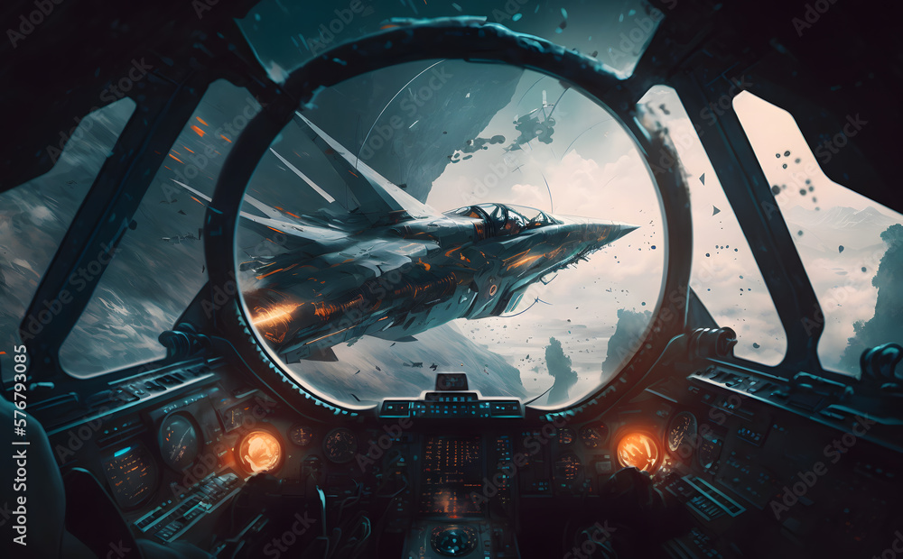 Airplane cockpit view during intergalaxy journey flight or spaceship ...