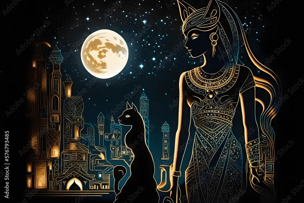 Ilustracja Stock: Egyptian fantasy abstract background, Egyptian goddess Bastet, black cat ...