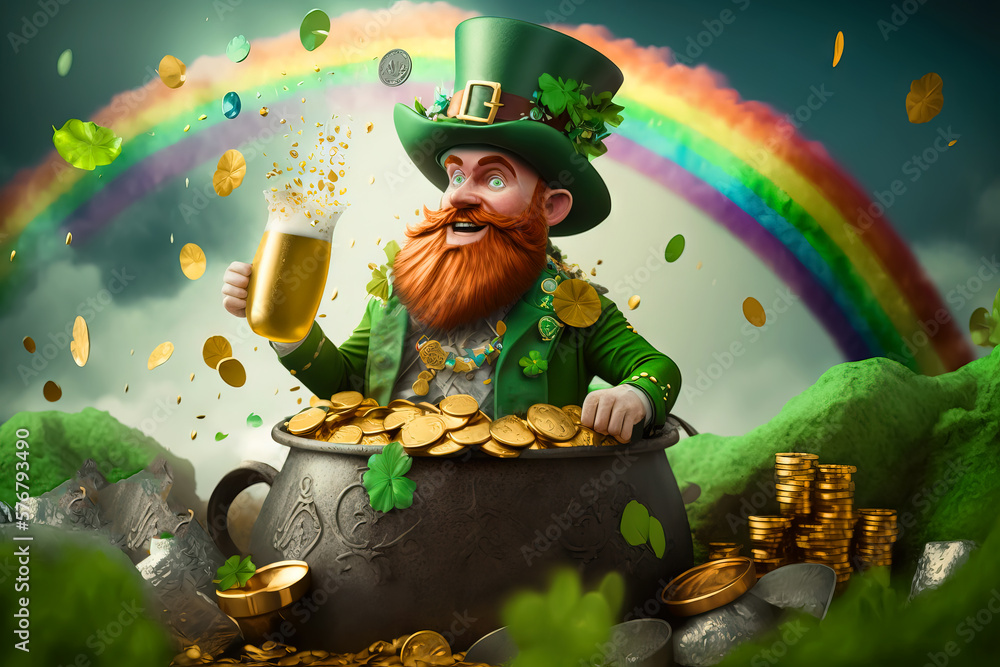 Funny red beard leprechaun in a green hat with a shamrock holds beer ...
