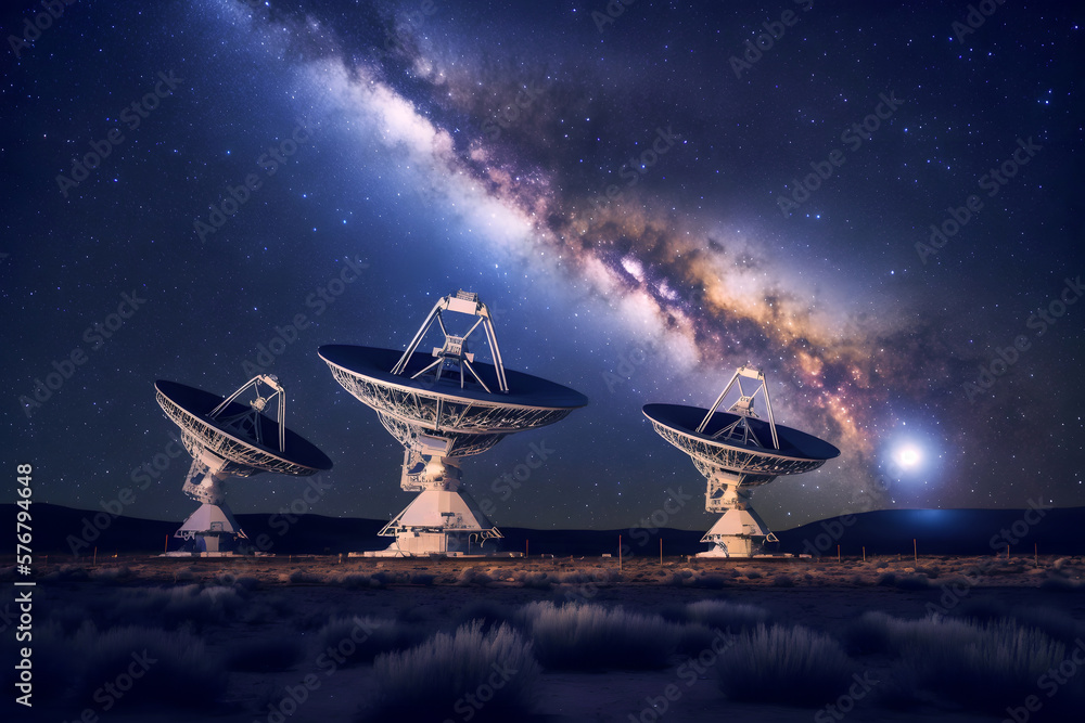 Radio telescopes night sky with Milky Way. Concept search for ...