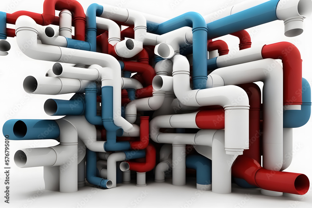 Abstract blue red and white pipes system on white background. Neural ...