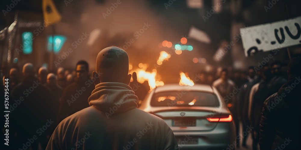 Back view Aggressive man in hood against backdrop of protests and ...