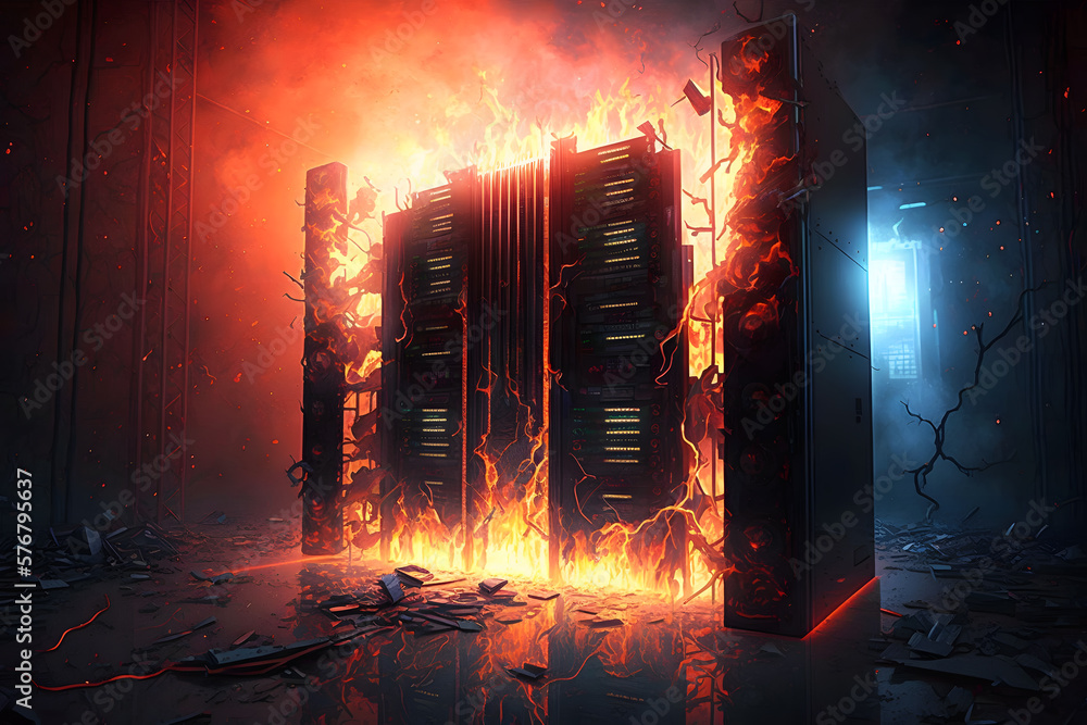 Disaster in server room or data center storage room on fire burning ...